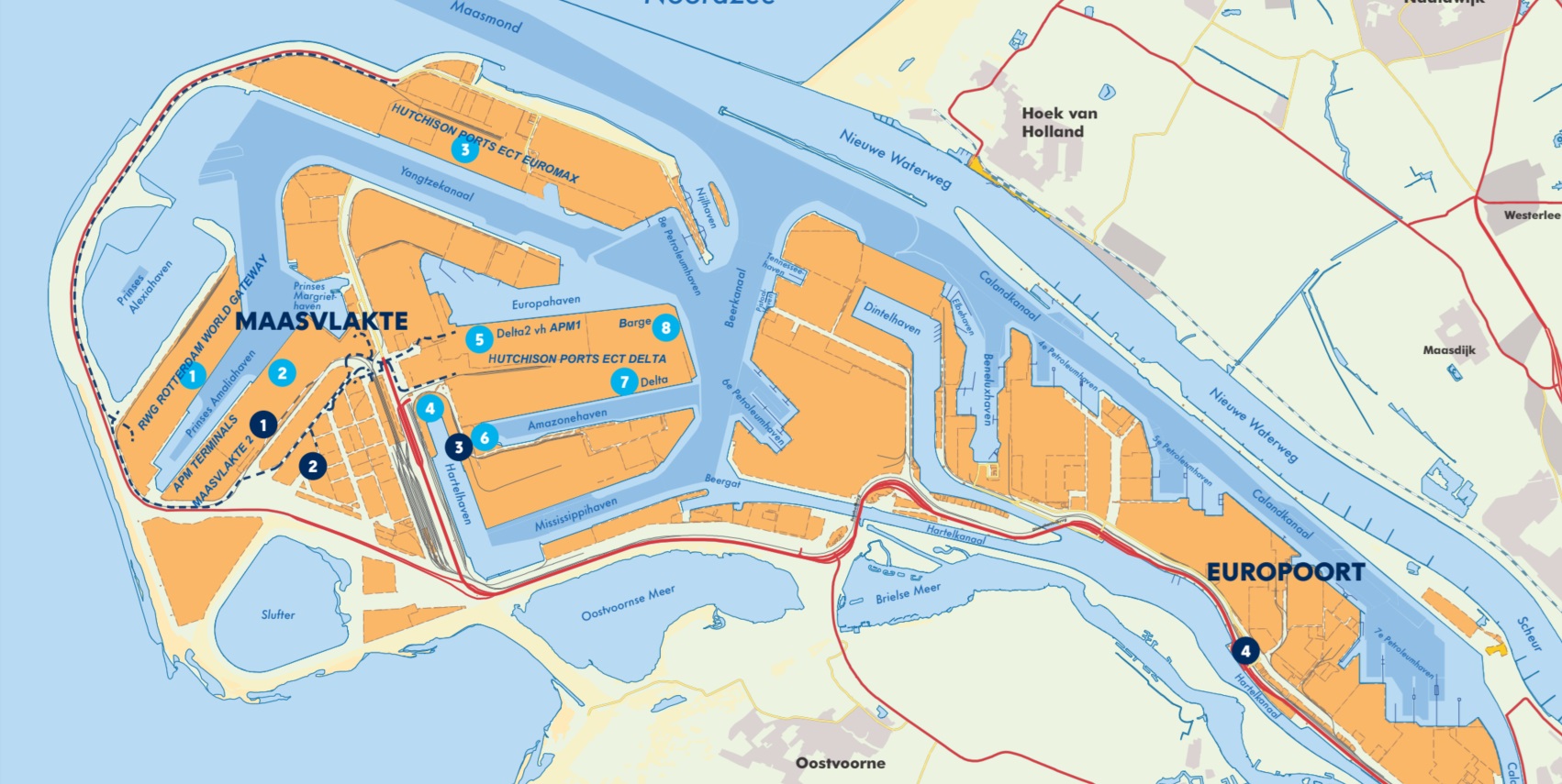 De belangrijkste containerterminals van de haven van Rotterdam